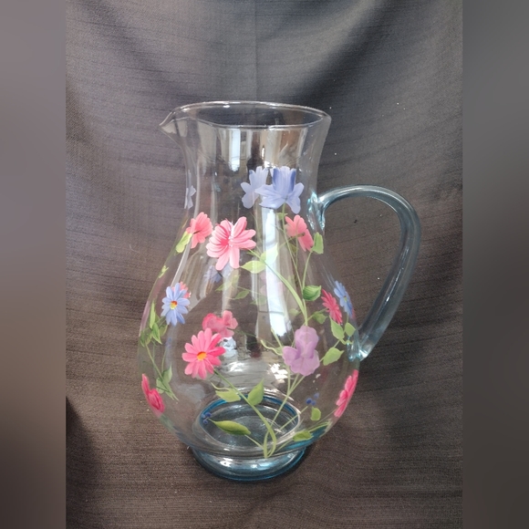 unknown | Dining | Vintage Stenciled Glass Pitcher With Floral Design ...